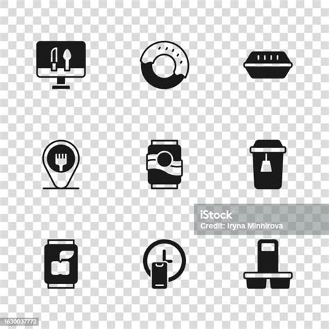 시계 배달 차 한잔 커피 컵 소다 캔 도시락 온라인 주문 음식 도넛 및 카페 및 레스토랑 위치 아이콘을 설정합니다 벡터 가방에