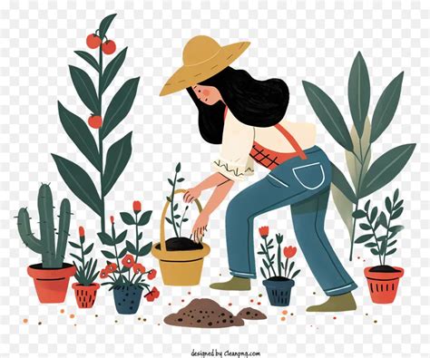 A Clipart Image Of A Woman Gardening With Various Plants And Flowers