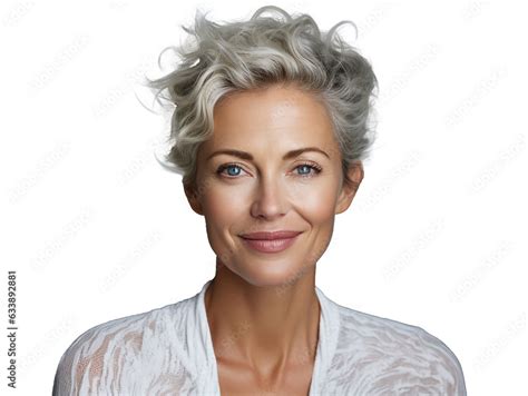 Beautiful Smiling Woman Aged 50 Model With Natural Makeup Clean Face Beige Warm Background