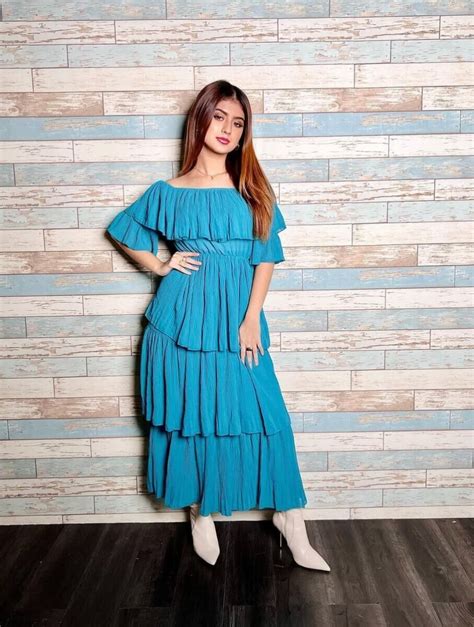 Arishfa Khan In Blue Frill Long Dress K4 Fashion