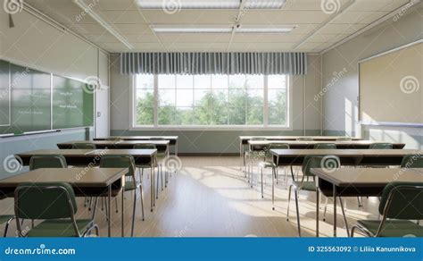 Lit Classroom With Rows Of Wooden Tables For Royalty Free Stock