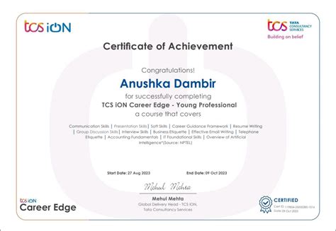 Anushka Dambir On Linkedin Tcsion Coursecompletion