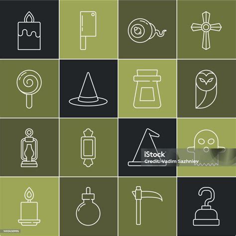 라인 해적 갈고리 유령 올빼미 눈 마녀 모자 롤리팝 불타는 촛불 및 물약 아이콘이 있는 병을 설정합니다 벡터 걸이 장비에 대한 스톡 벡터 아트 및 기타 이미지 Istock