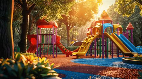 Colorful Playground In The Yard In The Park At Sunset Background Park