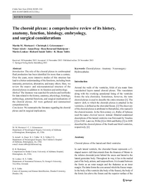 Pdf The Choroid Plexus A Comprehensive Review Of Its History Anatomy Function Histology