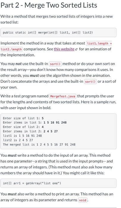 Solved Part 2 Merge Two Sorted Lists Write A Method That