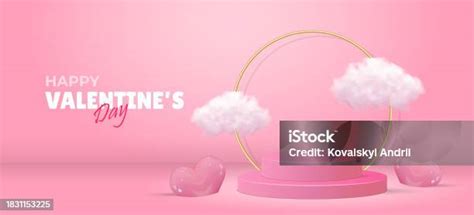 발렌타인 데이 배경입니다 실린더 연단과 분홍색 하트 사실적인 귀여운 구름과 마음 전단지 초대장 포스터 브로셔 바우처 할인 로맨틱한 견적 엽서 벡터 일러스트 레이 션 3차원