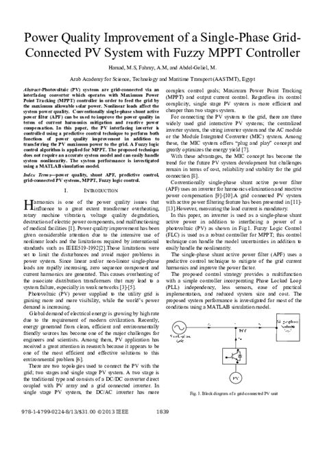 Pdf Power Quality Improvement Of A Single Phase Grid Connected Pv
