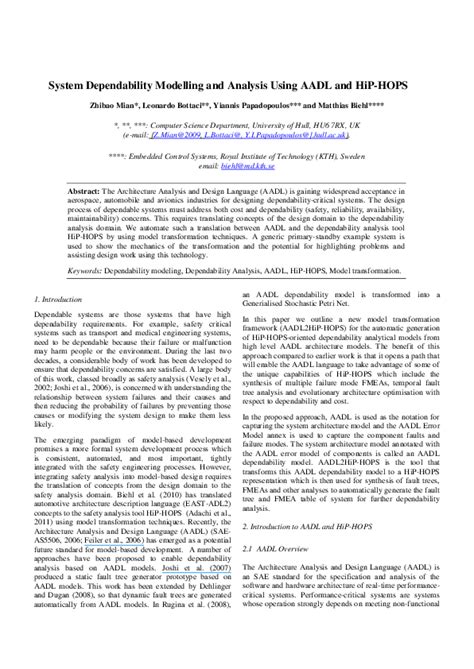 Pdf System Dependability Modelling And Analysis Using Aadl And Hip Hops