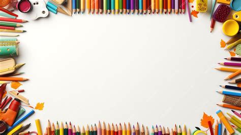 White Background With Border Of Colored Pencils Crayons And School