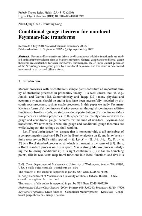 Pdf Conditional Gauge Theorem For Non Local Feynman Kac Transforms