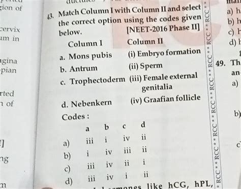 43 match column i with column ii and select the correct option using t