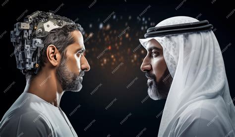 Premium Photo Cultural Fusion Arab Man Engages With Artificial Intelligence Entity