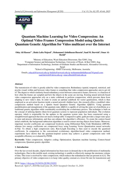 PDF Quantum Machine Learning For Video Compression An Optimal Video Frames Compression Model