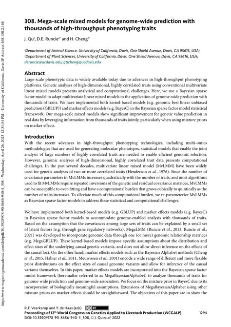 Pdf 308 Mega Scale Mixed Models For Genome Wide Prediction With Thousands Of High Throughput