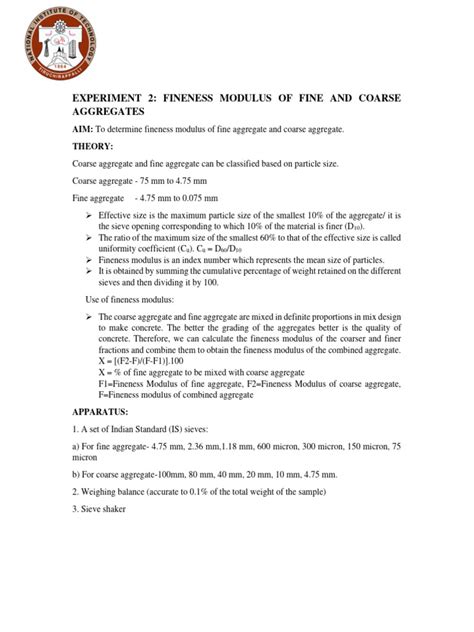 Exp 2 Fineness Modulus Of Coarse And Fine Aggregate Pdf Physical