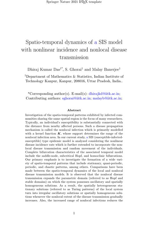 Pdf Spatio Temporal Dynamics Of A Sis Model With Nonlinear Incidence