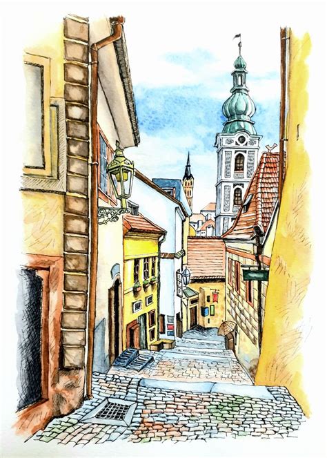 펜드로잉 수채화 체코의 오솔길 그리기 Chesky Krumlov Trail 어반 아트 세계 문화 풍경화