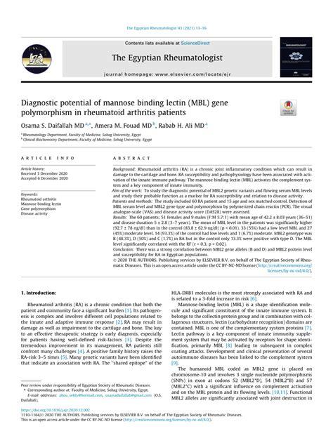 Pdf Diagnostic Potential Of Mannose Binding Lectin Mbl Gene