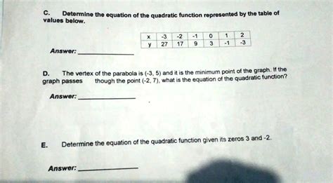 solved determine the equation of the quadratic function represented by