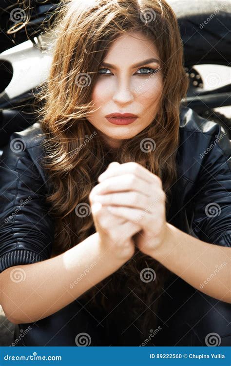 Sexual Biker Woman Wearing Black Leather Jacket With Her Sport M Stock Photo Image Of Girl