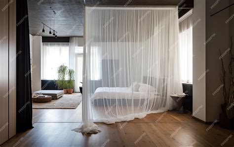 Premium Photo Modern Interior With String Curtain Separating Bed Ai