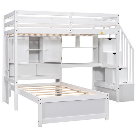Euroco Twin Over Twin Bunk Bed With Desk And Shleves Bookcase And