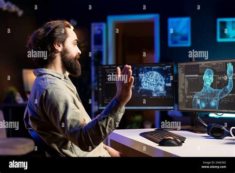 Self Aware Ai Gaining Humanoid Form Inside Cyberspace Waving Hand Saluting Smiling Developer