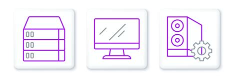 컴퓨터 서버 데이터 웹 호스팅 및 컴퓨터 모니터 화면 아이콘의 경우 라인을 설정합니다 벡터 네트워크 서버에 대한 스톡 벡터 아트