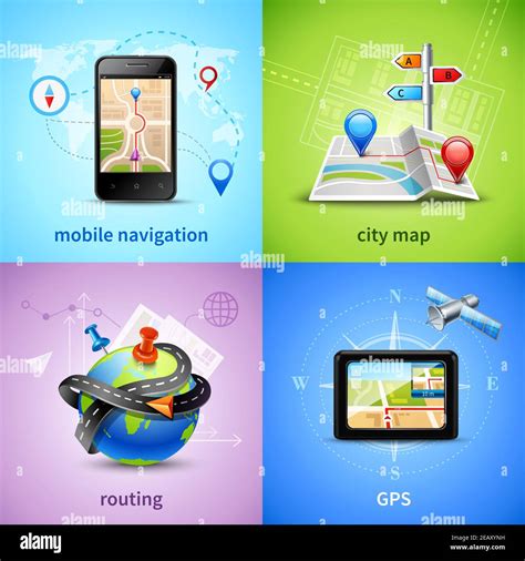 Navigation Design Concept Set With Gps Routing City Map Icons Isolated Vector Illustration Stock