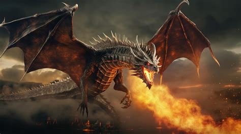 Premium Photo 3d Flying Dragon Breathing Fire From The Sky Top View Generative Ai