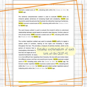 CELF 4 Assessment Report Template Evaluation Speech Language Therapy SLT