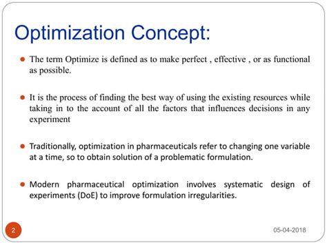 Concept Of Optimization Optimization Parameters And Factorial Design