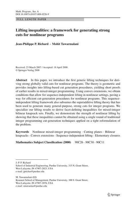 Pdf Lifting Inequalities A Framework For Generating Strong Cuts For Nonlinear Programs