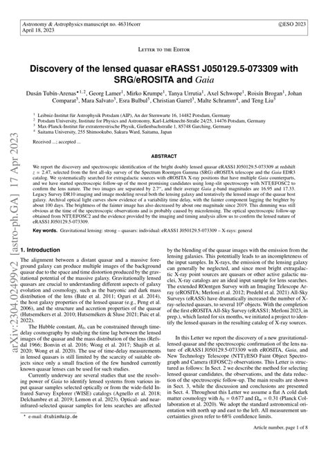 Pdf Discovery Of The Lensed Quasar Erass1 J0501295 073309 With Textit Srg Erosita And