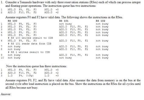 Solved 1 Consider A Tomasulo Hardware With Only Three