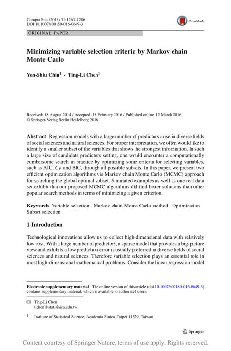 minimizing variable selection criteria by markov chain monte carlo