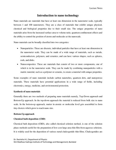 Module Part Introduction To Nano Technology Dr Ravindra H J Department Of Physics Studocu