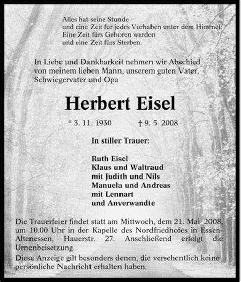 Traueranzeigen Von Herbert Eisel Trauer In Nrwde