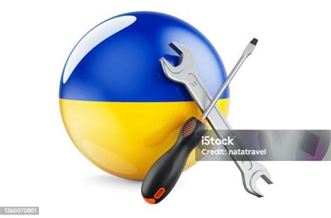 우크라이나 개념에서 서비스 및 수리 우크라이나 국기와 드라이버와 렌치 3d 렌더링 0명에 대한 스톡 사진 및 기타 이미지 0명 공학 기 Istock