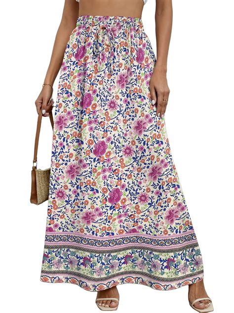 Weardear Womens Boho Floral Skirt Casual Elastic High Waist Maxi