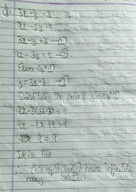 3x-y=3 9x-3y=9 solve it by substitution method..... - Brainly.in