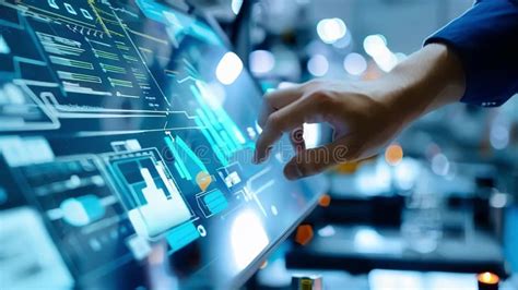 Engineer Managing Manufacturing Process Using Interactive Digital Touchscreen Interface Stock