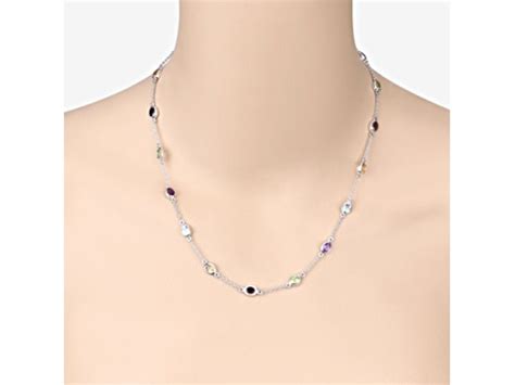 Multi Gemstone Rhodium Over Sterling Silver Station Necklace 1bg1pa Jtv