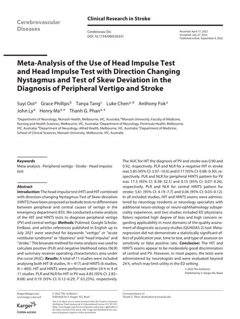 Pdf Meta Analysis Of The Use Of Head Impulse Test And Head Impulse Test With Direction