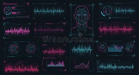 Futuristic Interface Displaying Multiple Digital Screens Featuring Graphs Waveforms Stock