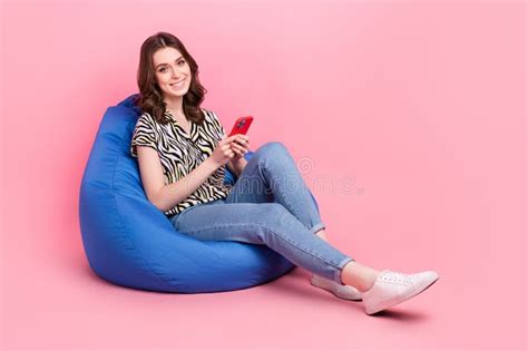 Full Body Photo Of Attractive Girl Sit Bean Bag Hold Smartphone Curly Brown Hair Customer Review