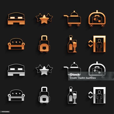 여행 가방 호텔 수하물 카트 리프트 유리가 달린 샴페인 병 소파 덮인 트레이 음식 객실 침대 및 별 등급 아이콘을 설정합니다 벡터 가구에 대한 스톡 벡터 아트 및 기타