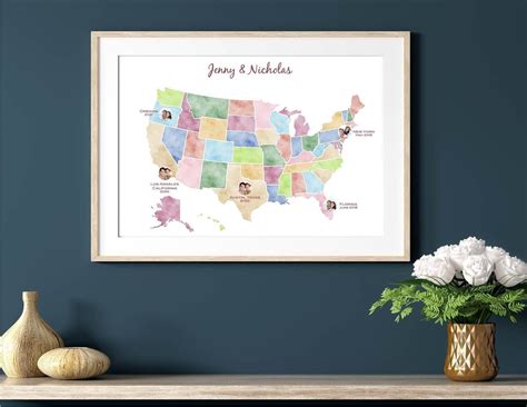 Personalized Custom US Map With Photos Watercolor Style Celebrate Your Relationship Family