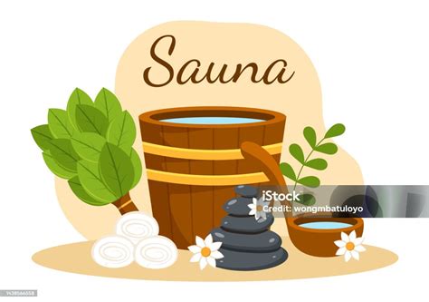 사우나와 스팀 룸은 사람들이 휴식을 취하고 몸을 씻고 증기를 마시거나 평면 만화 손으로 그린 템플릿 그림에서 시간을 즐깁니다 건강관리와 의술에 대한 스톡 벡터 아트 및 기타